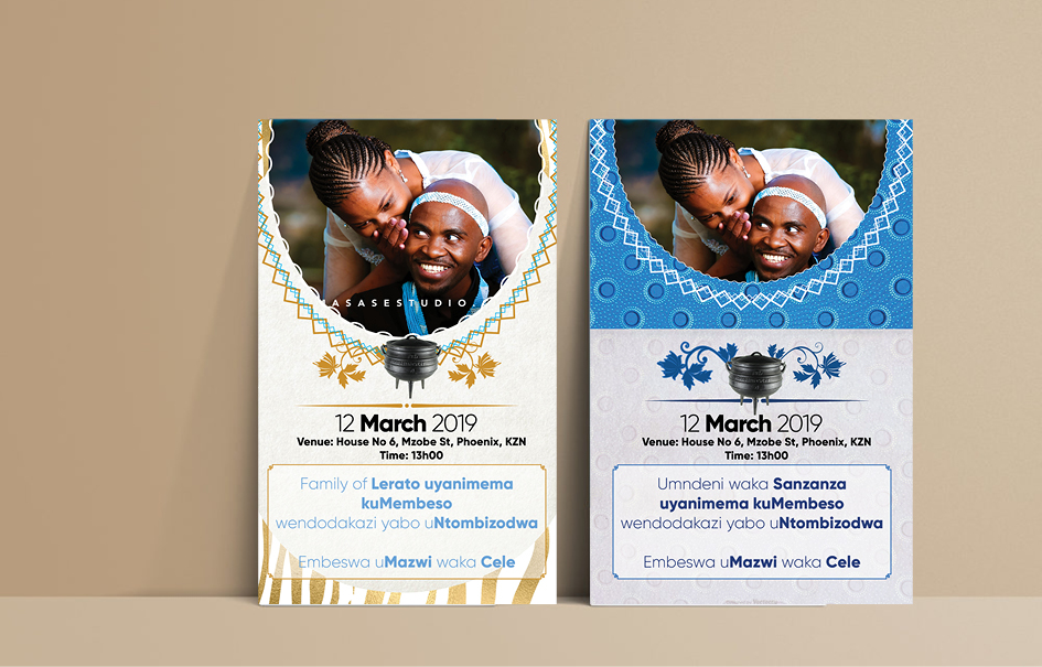 Shweshwe traditional wedding invitation cards - Masase Studio